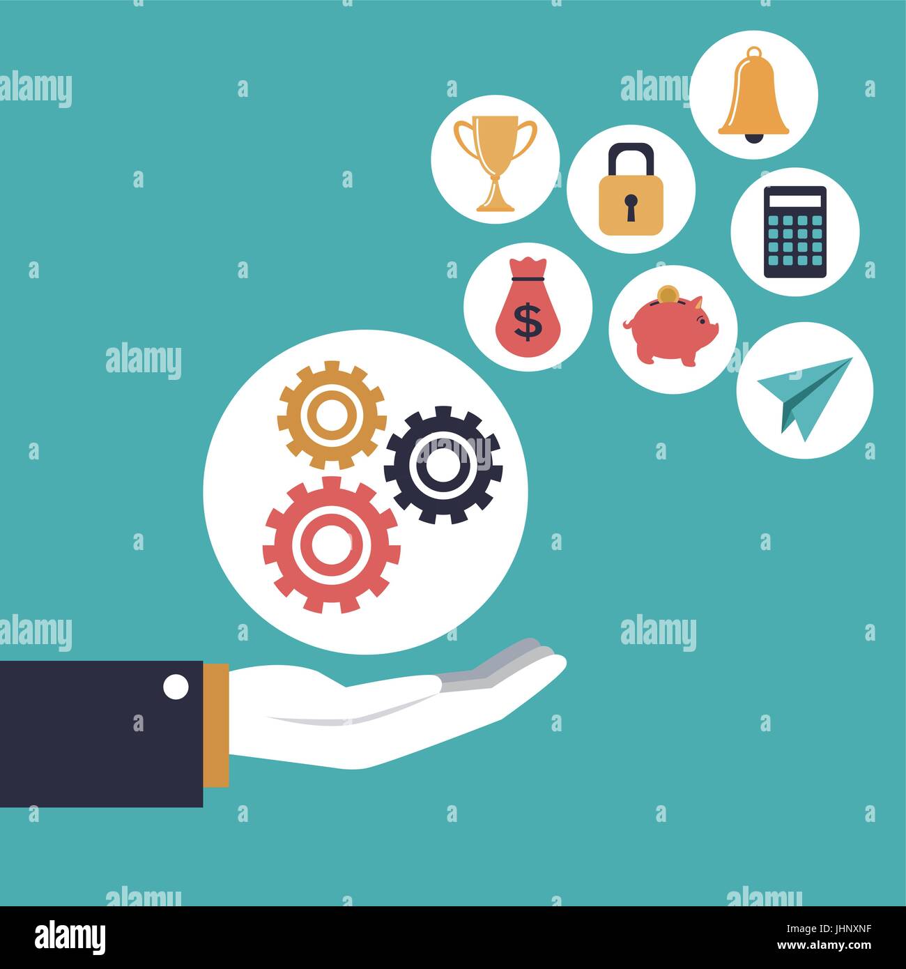 color background with executive hand holding gears with icons ...