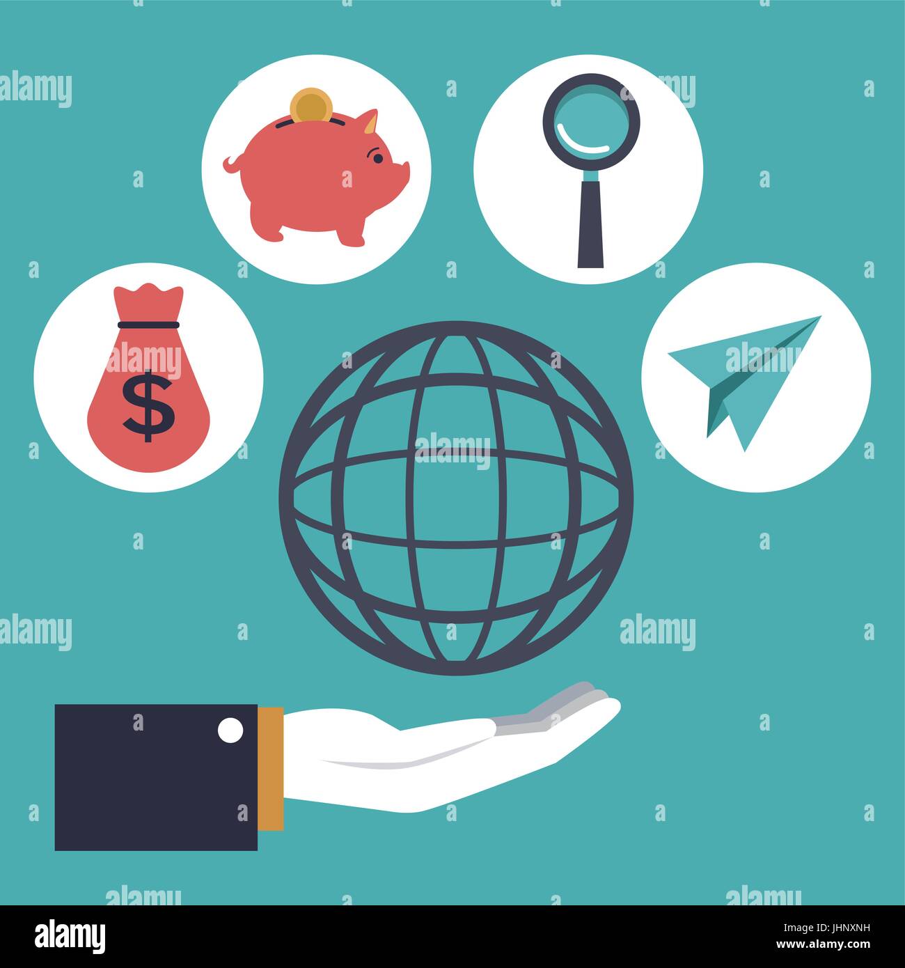 color background with executive hand holding globe grid with icons ...