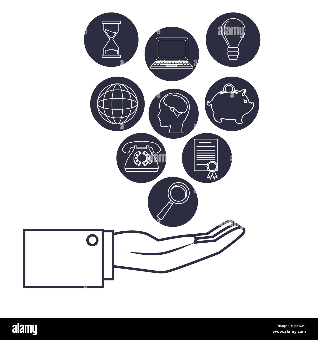 white background with dark blue silhouette executive hand holding icons ...