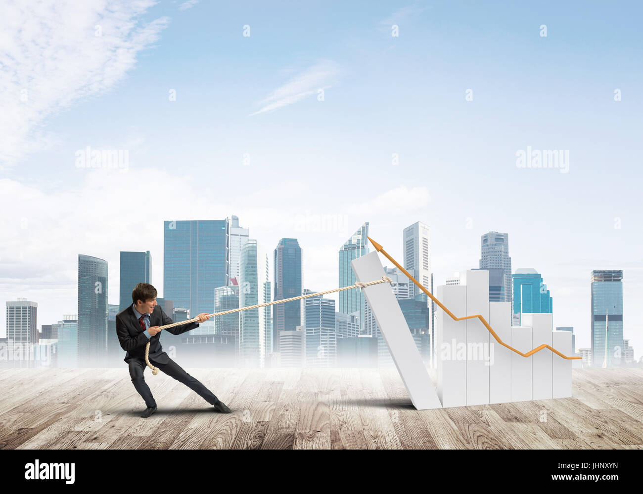 Man pulling with effort big pulling rope graph, as a symbol of ...