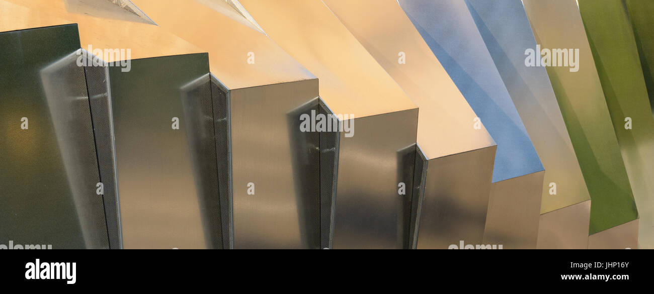 Colorful light reflections on silver grey metallic surface with fine ...