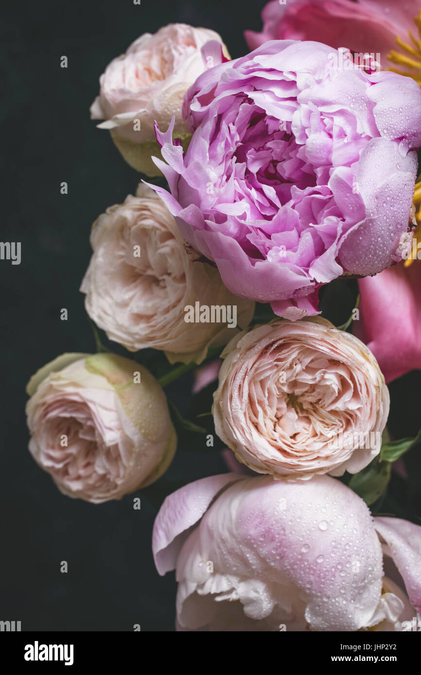 Peonies and bombastic roses bouquet. Shabby chic pastel colored wedding ...