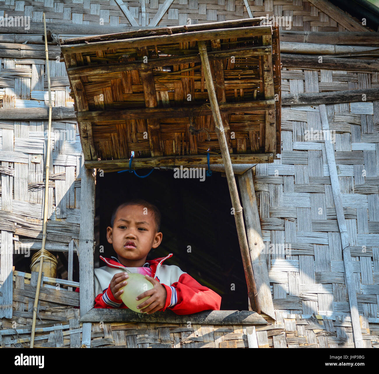Yangon, Myanmar - Feb 14, 2016. Portrait of Burmese children in Yangon ...