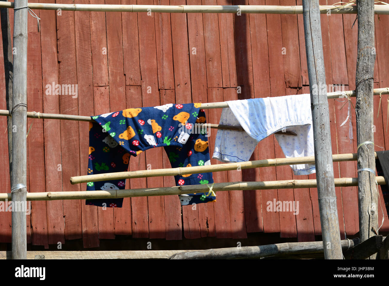 Drying cloth at woodeen house in Inlay Lake, Shan State, Myanmar Stock ...