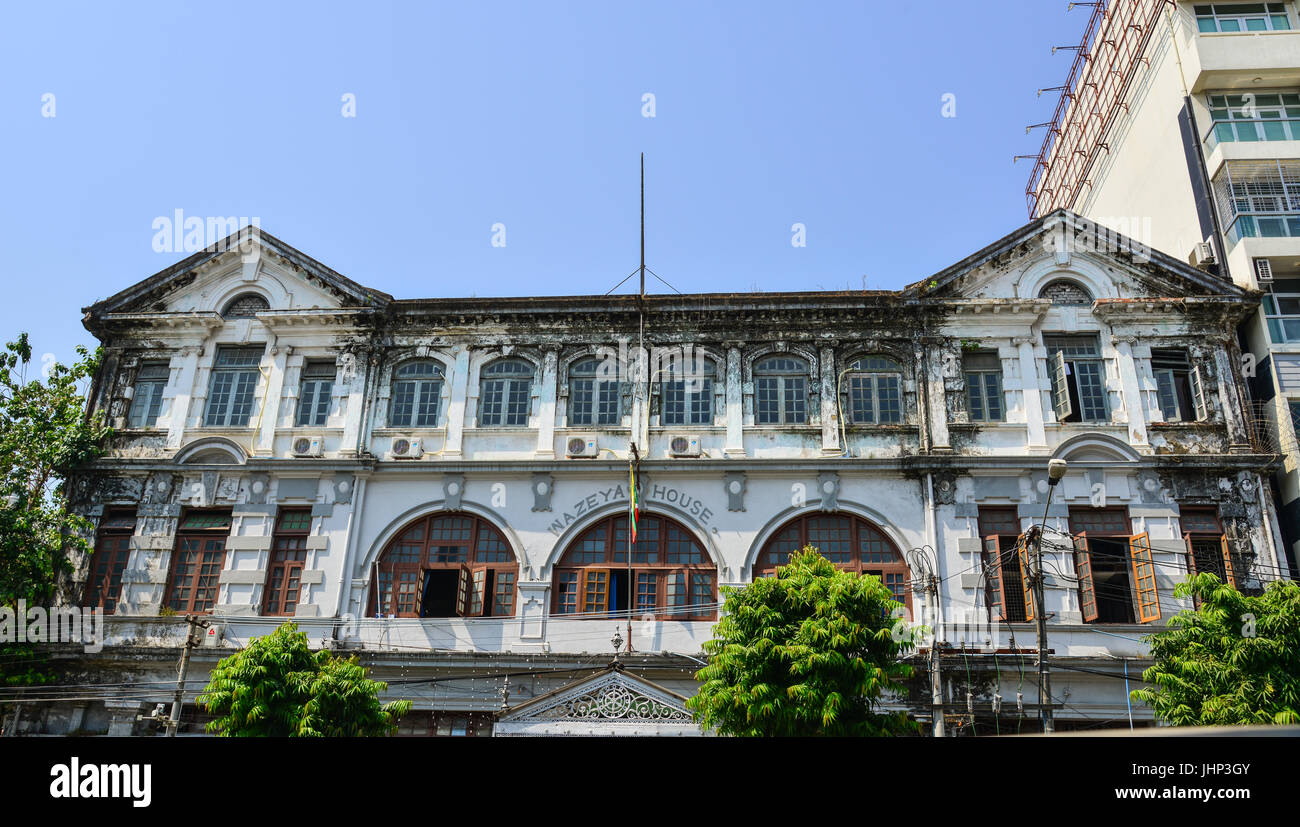 Yangon, Myanmar - Feb 13, 2017. British colonial building at downtown ...