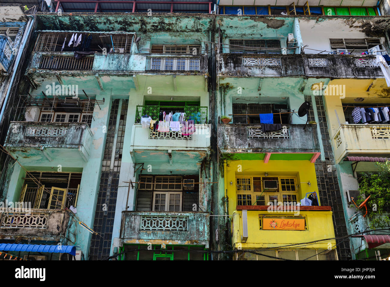 Yangon, Myanmar - Feb 13, 2017. Old apartments at Chinatown in Yangon ...
