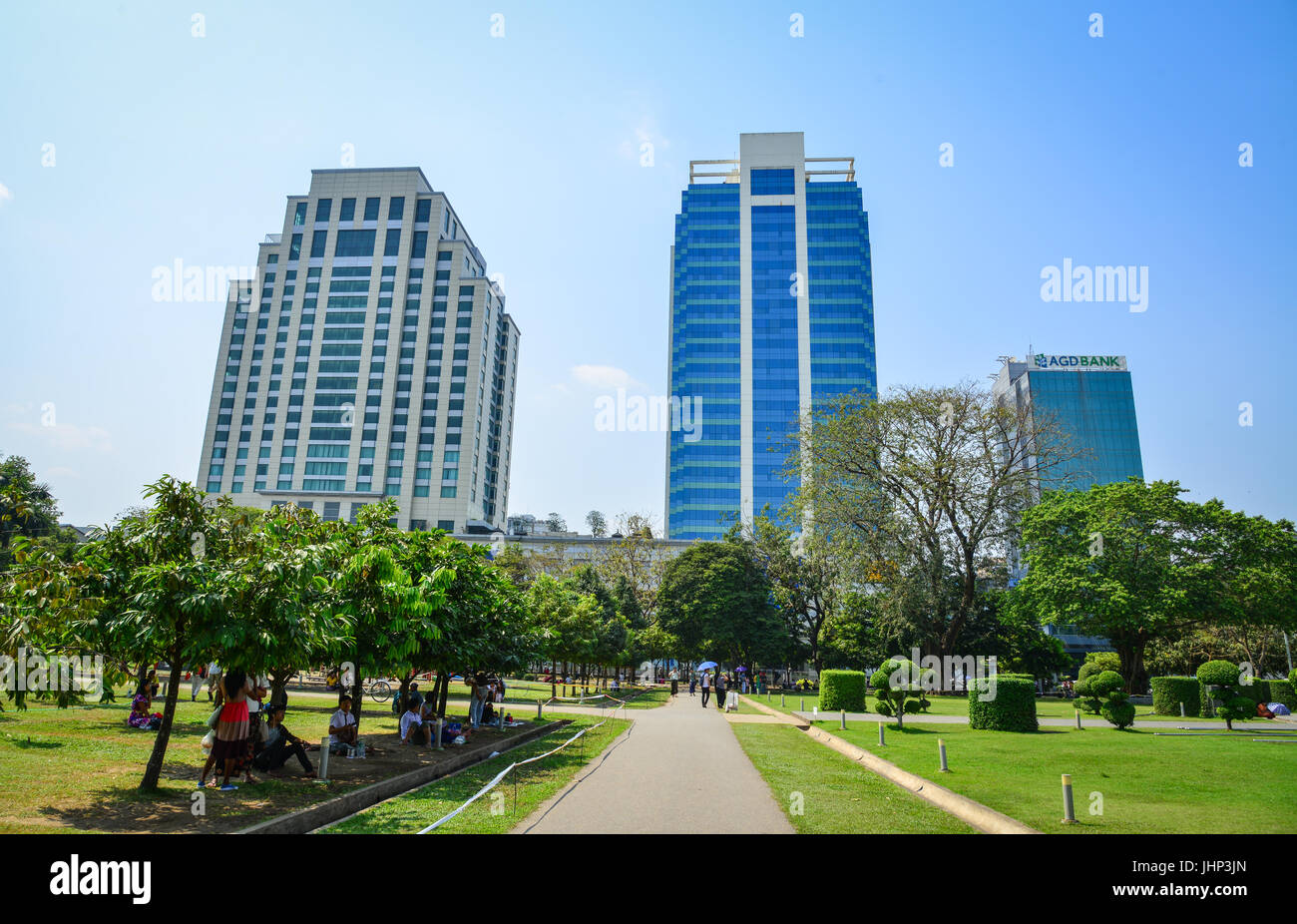 Yangon, Myanmar - Feb 13, 2017. Office buildings with Mahabandoola park ...