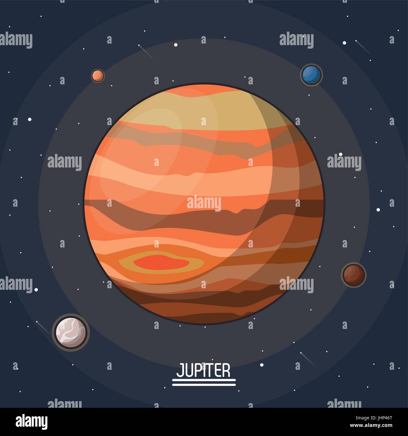 colorful poster of the planet jupiter in the space with moons around ...
