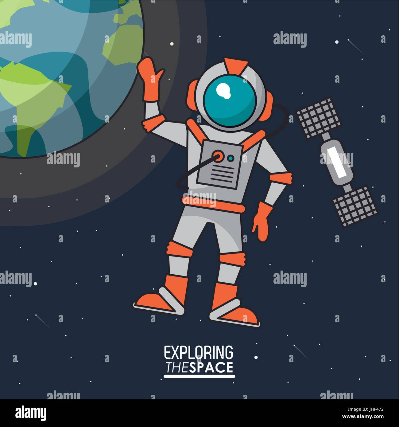 colorful poster exploring the space with astronaut and satellite and ...