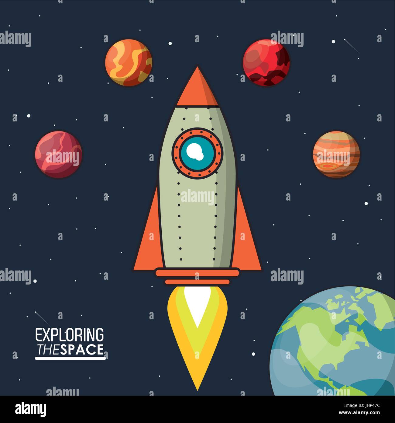 colorful poster exploring the space with spaceship and planets Stock ...