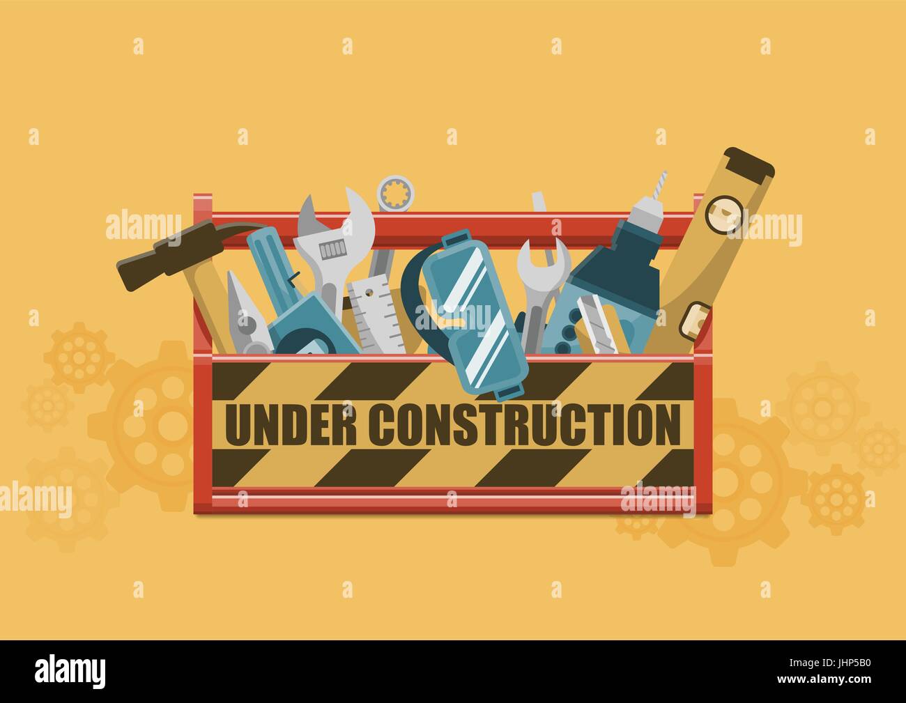 Under construction sign on red toolbox with tools on yellow gear wheels ...