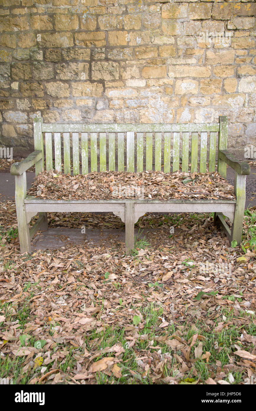 Bench in Winter with Leaves, Broadway; Cotswolds; Worcestershire ...