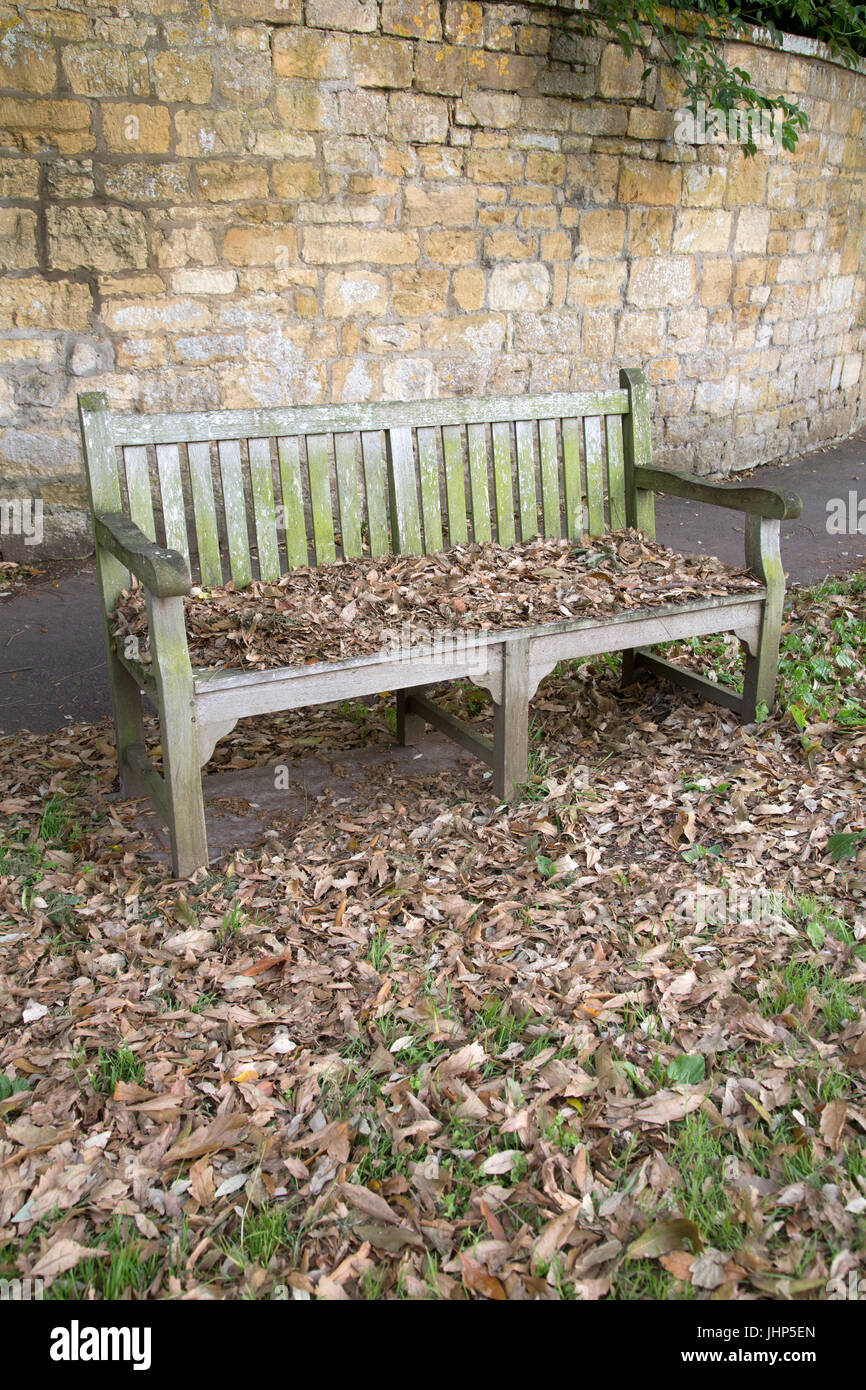 Bench with Winter Leaves, Broadway; Cotswolds, England, UK Stock Photo ...
