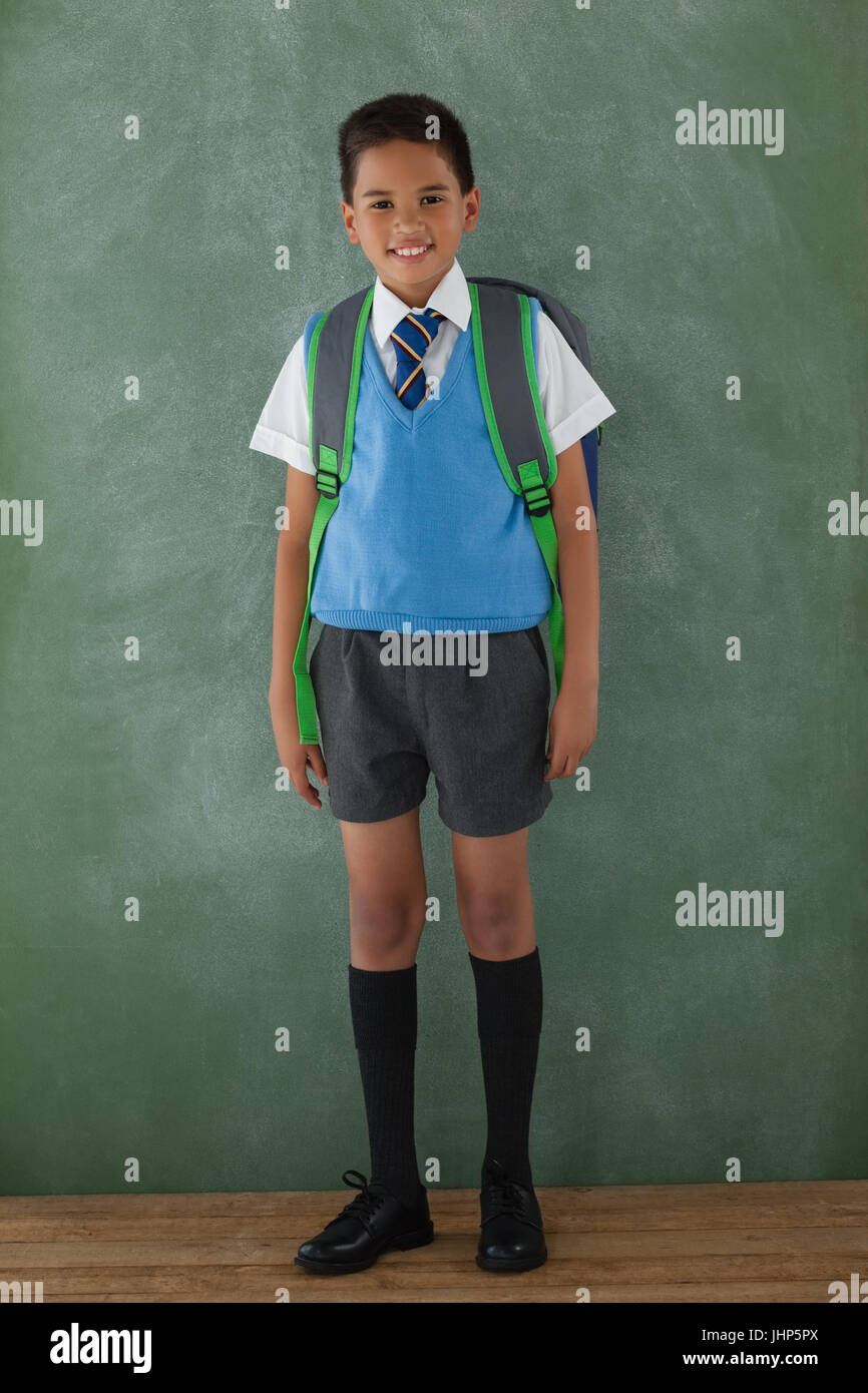 Portrait of schoolboy standing in front of chalkboard in classroom at ...