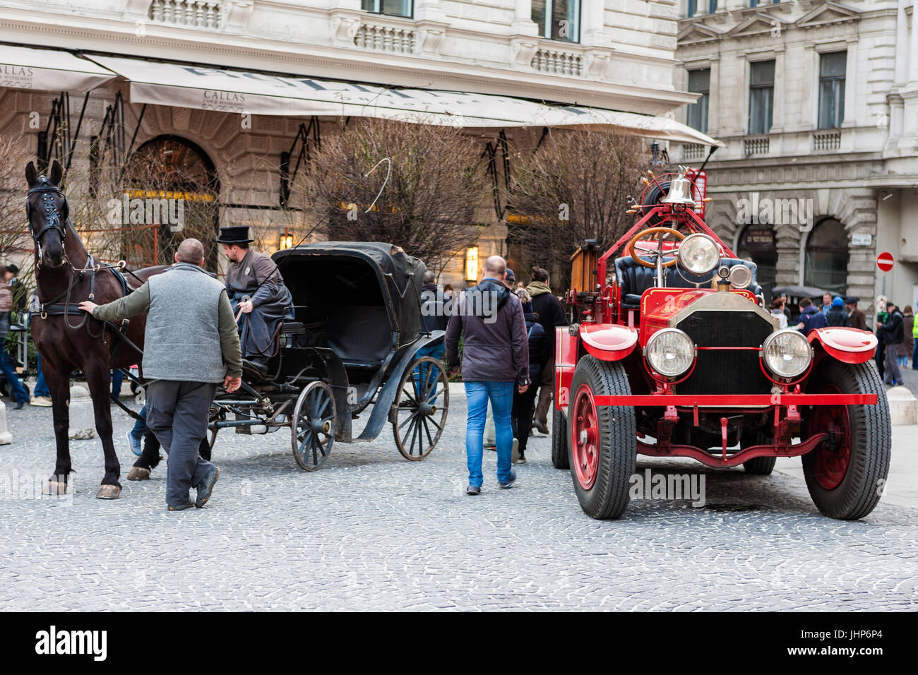 1923 American LaFrance Type 48 fire engine and horse-drawn carriage as ...