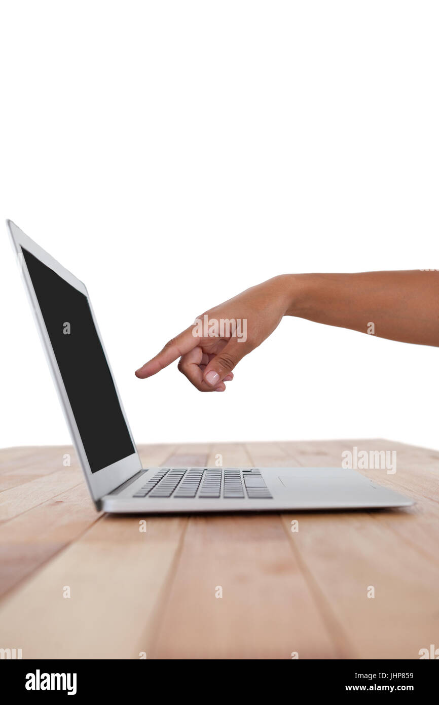 Woman pointing laptop screen close hi-res stock photography and images - Alamy