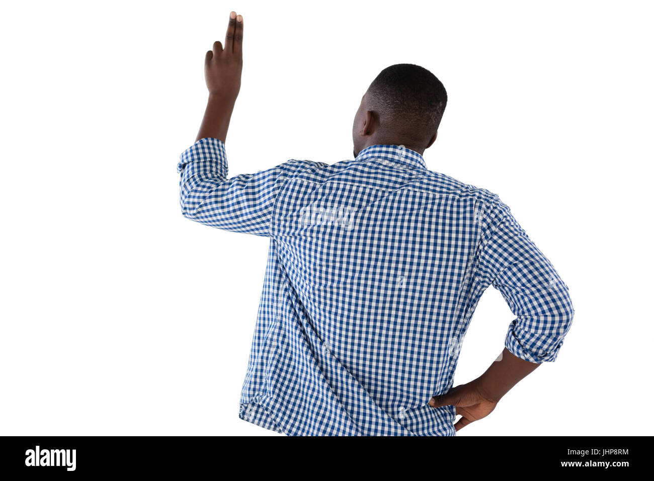 Man pressing an invisible virtual screen against white background Stock ...
