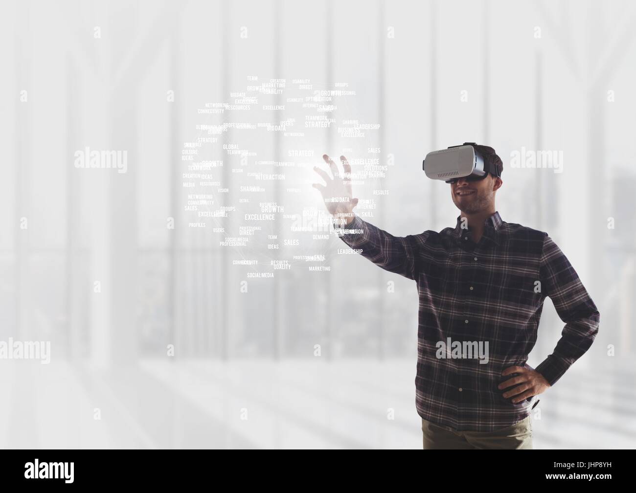 Digital composite of Man in VR headset touching interface against white ...
