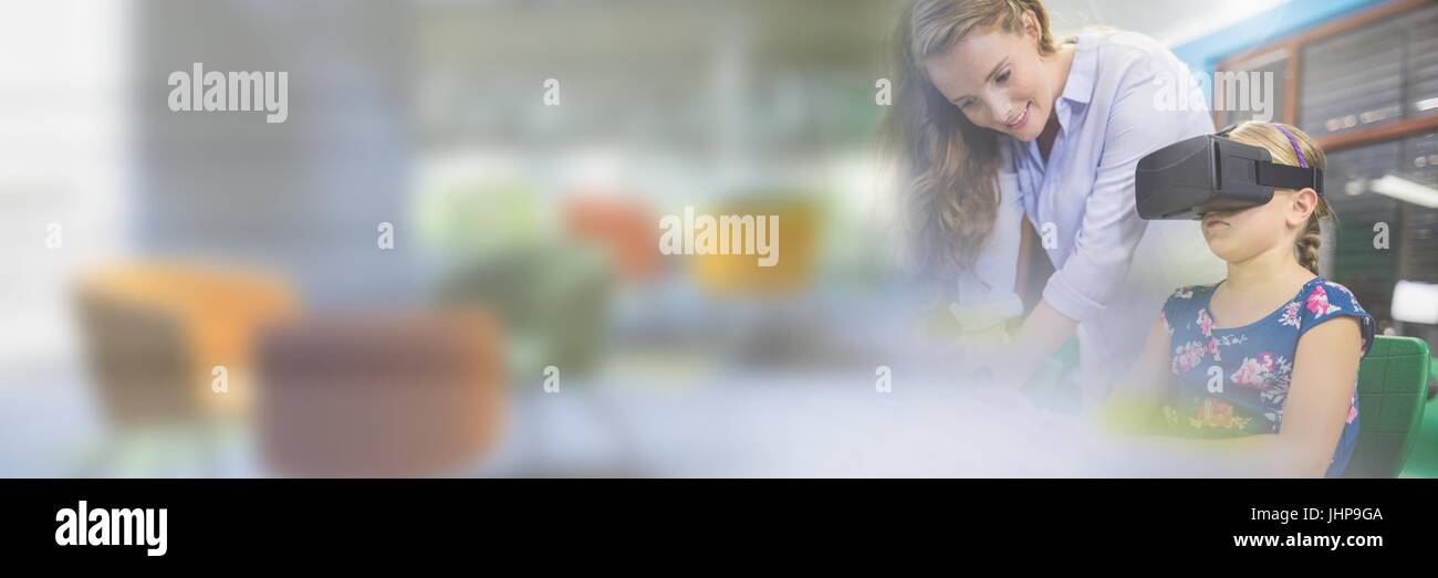 Digital composite of Woman and child Wearing VR Headset in room ...