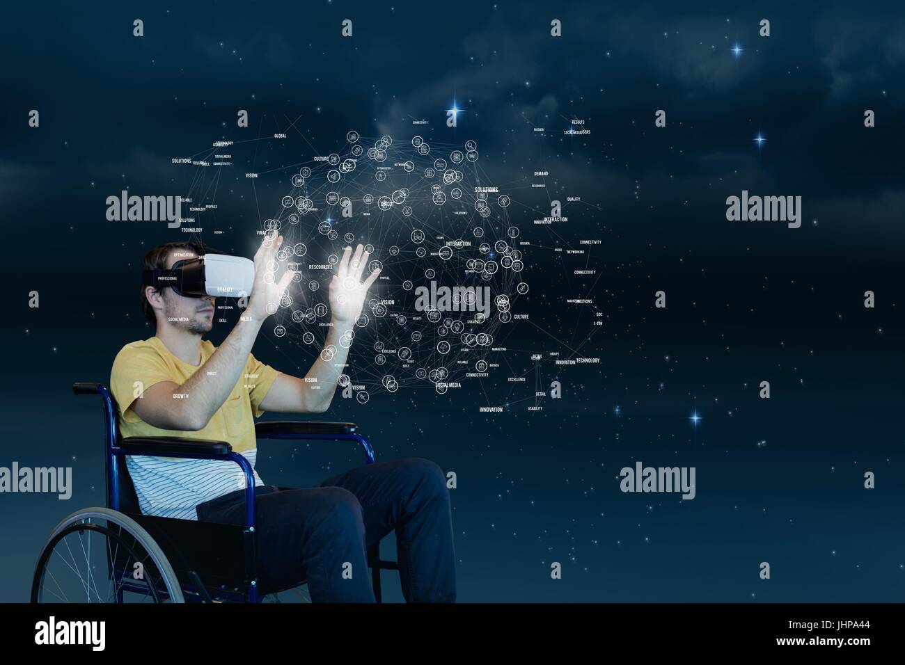 Digital composite of Man in VR headset touching interface against sky ...