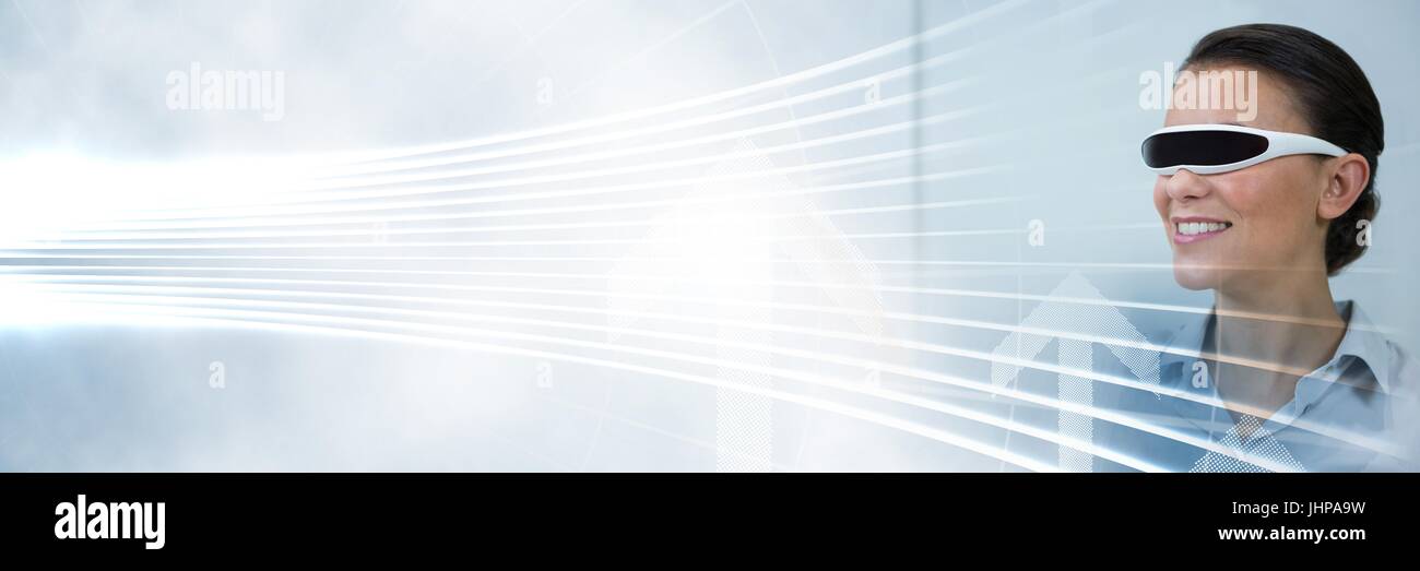 Digital composite of Woman Wearing VR Headset with curved lines ...