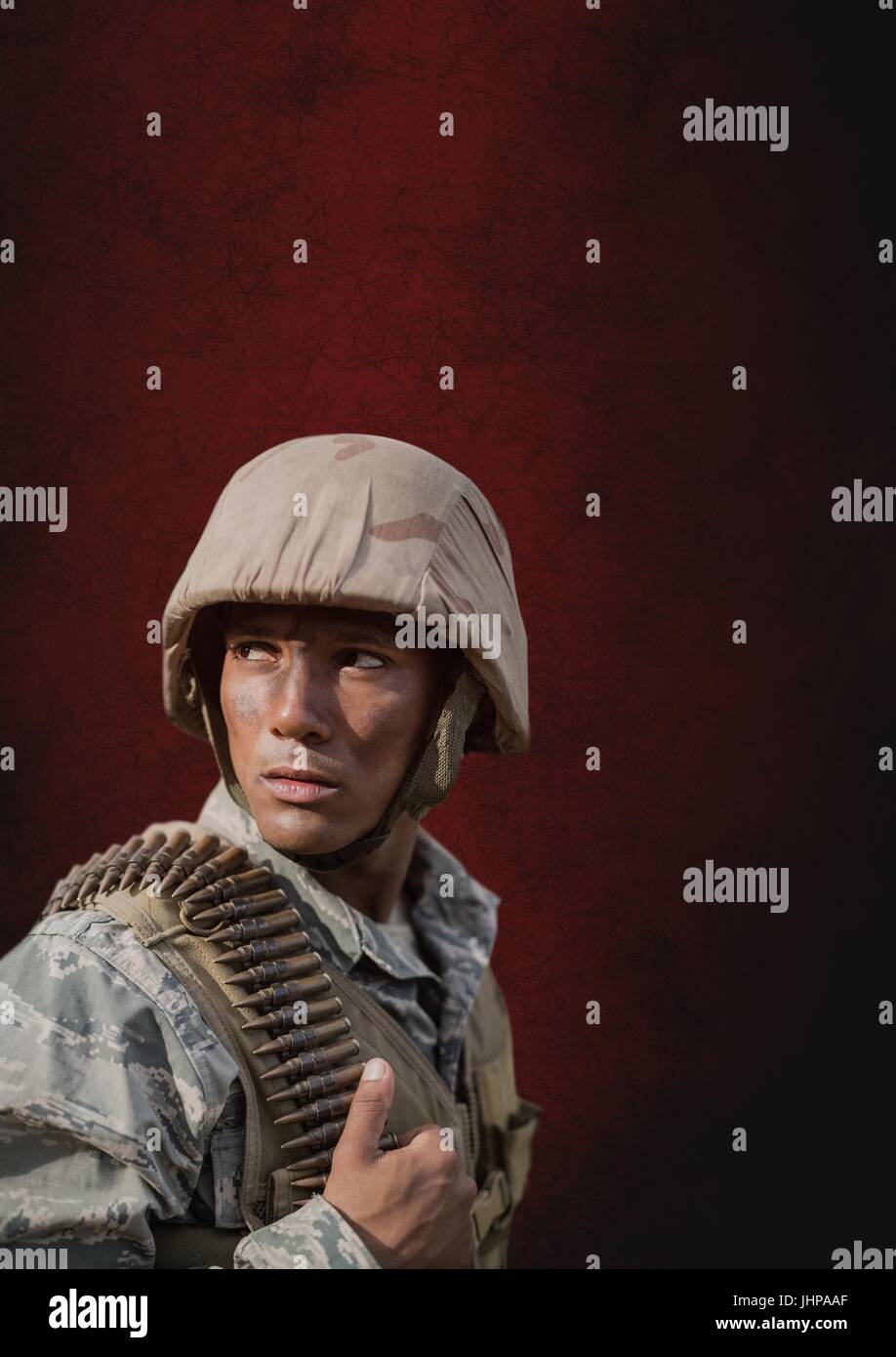Digital composite of Soldier man standing against red background Stock ...