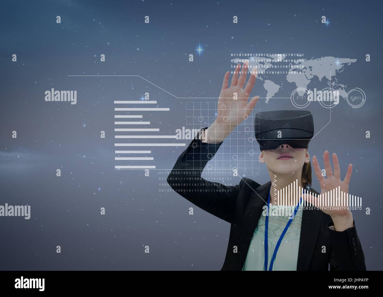 Digital composite of Woman in VR headset touching interface against ...