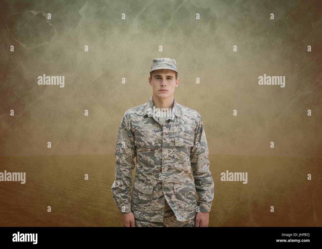 Digital composite of Soldier man standing against brown background ...