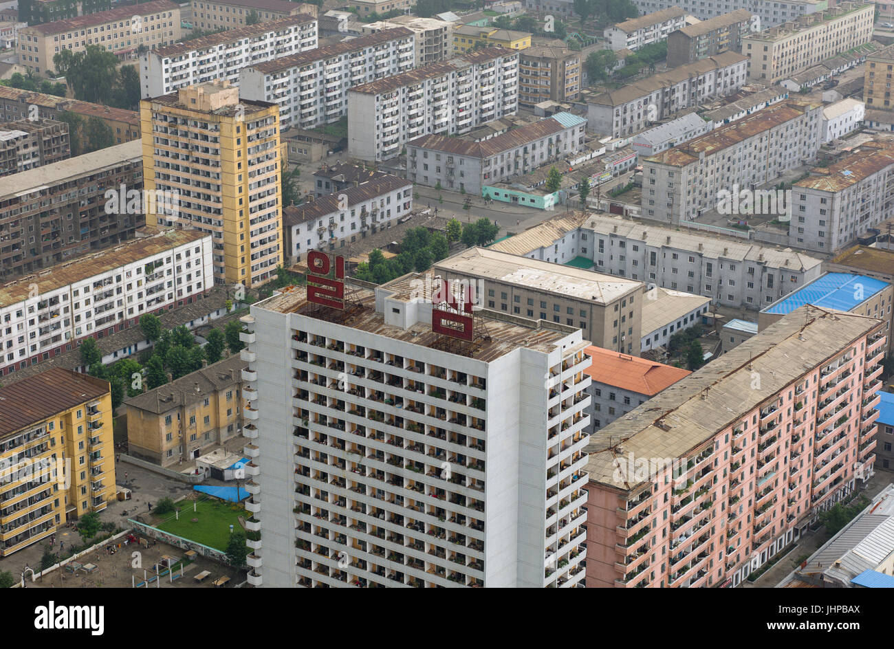 Apartment blocks to east of Juche Tower. Pyongyang, DPRK / North Korea ...
