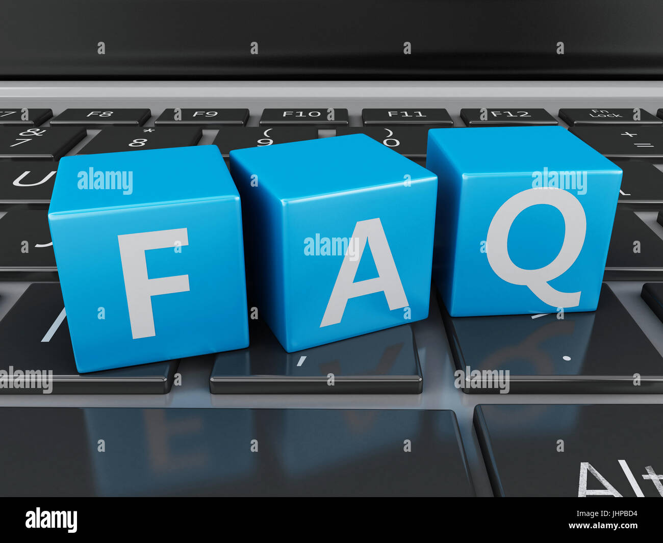 3d illustration. Close up view of FAQ cubes on keyboard. Frequently ...