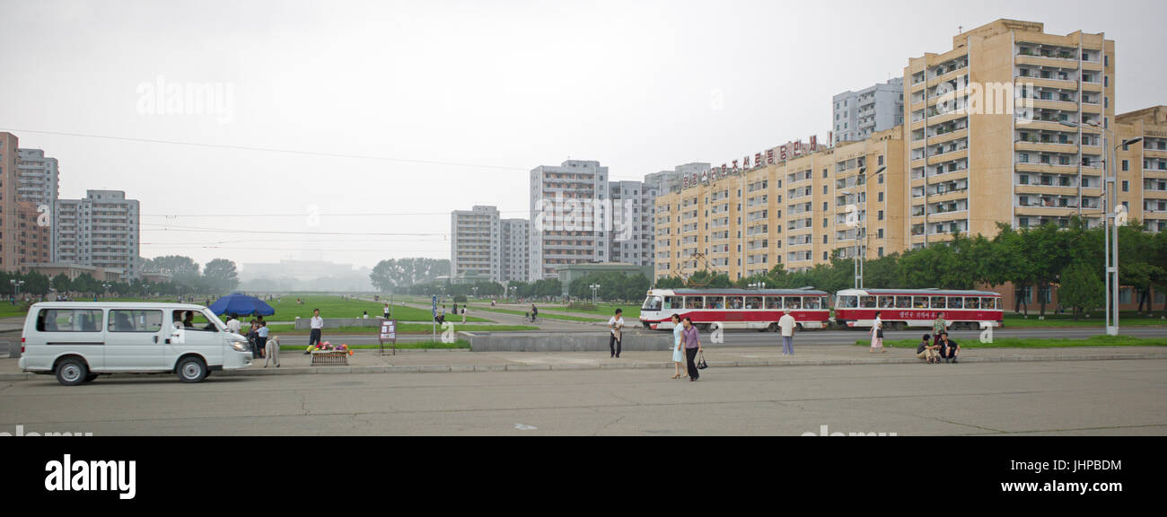 Apartment blocks, mini bus and Tatra tram opposite the Ideals of North ...