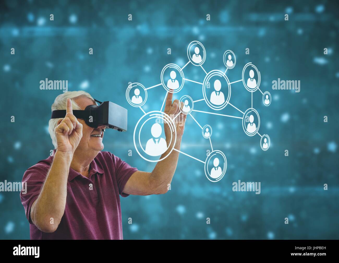 Digital composite of Happy man in VR headset touching interfaces ...