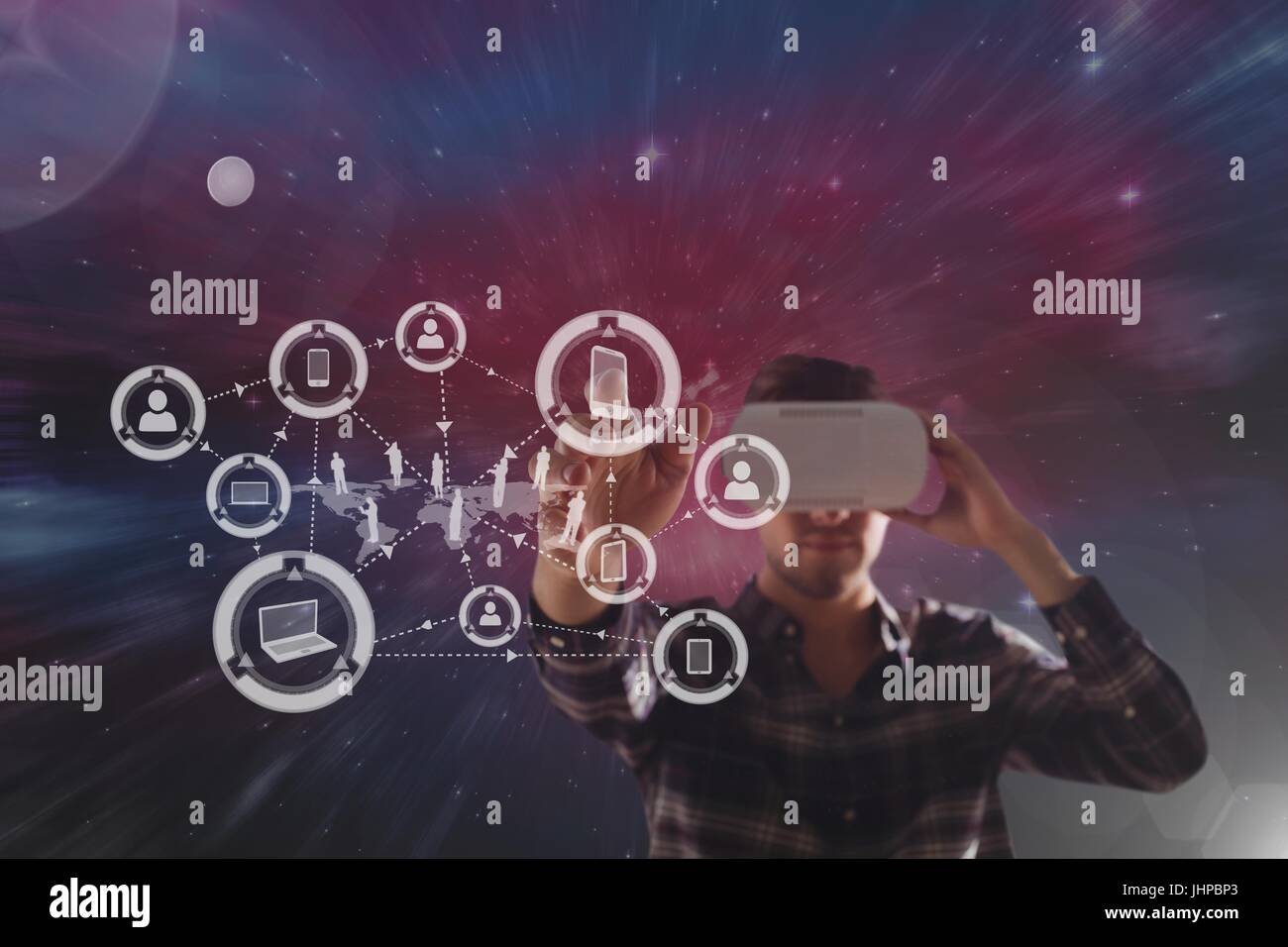 Digital composite of Man in VR headset touching interface against ...