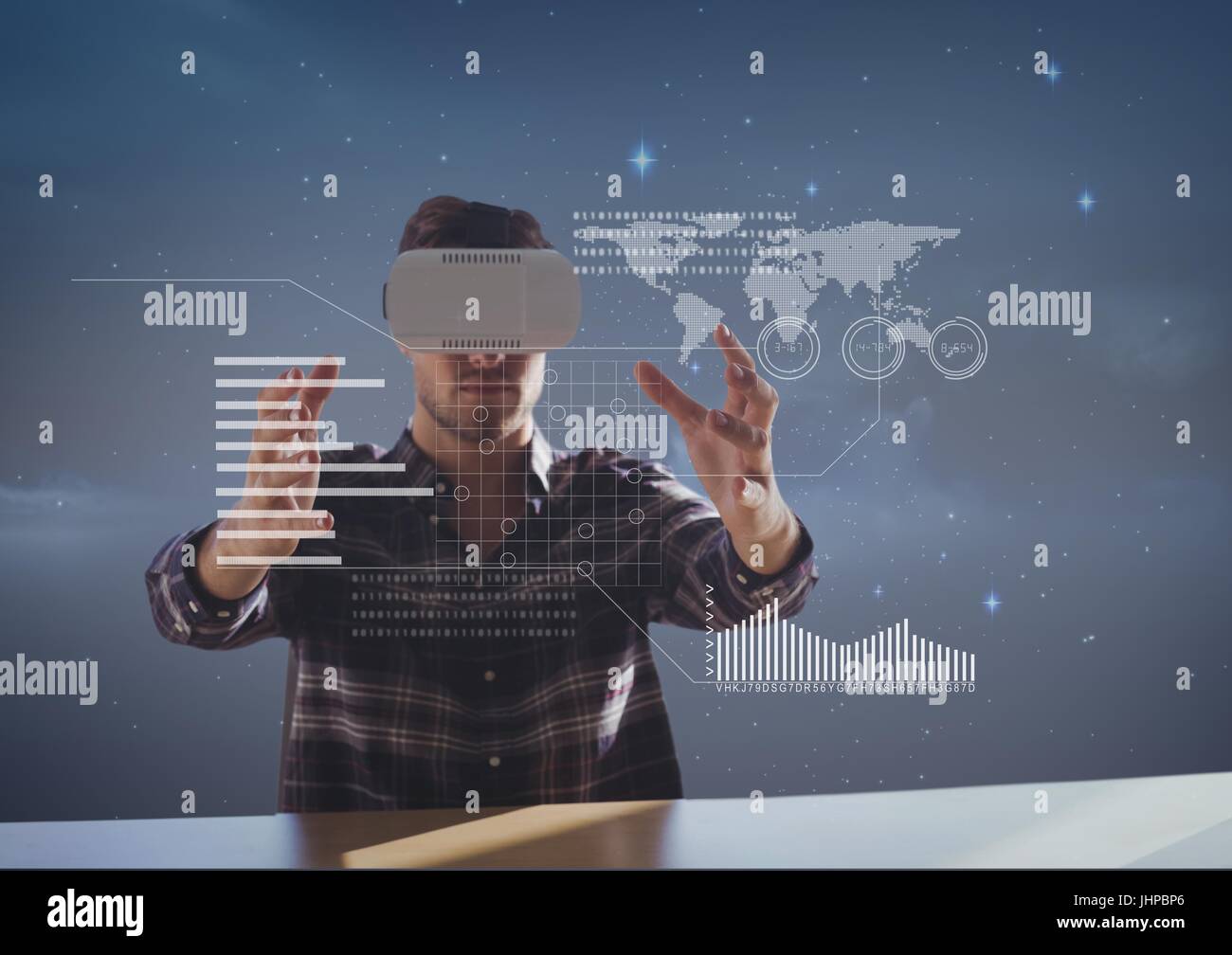 Digital composite of Man in VR headset touching interface against ...