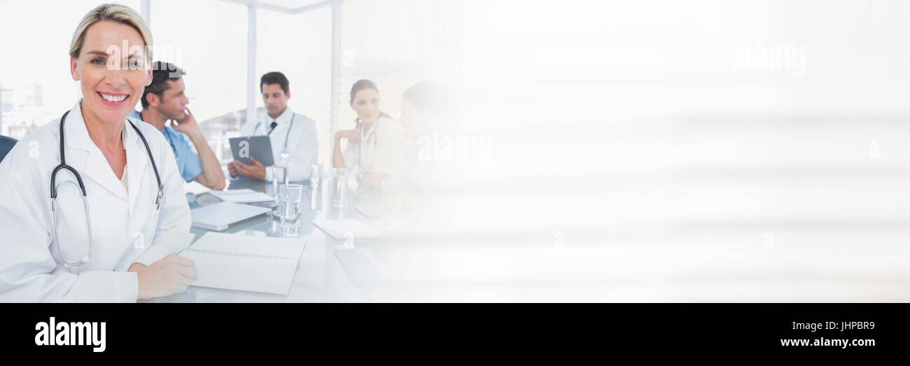 Digital composite of Business people having a meeting with transition ...