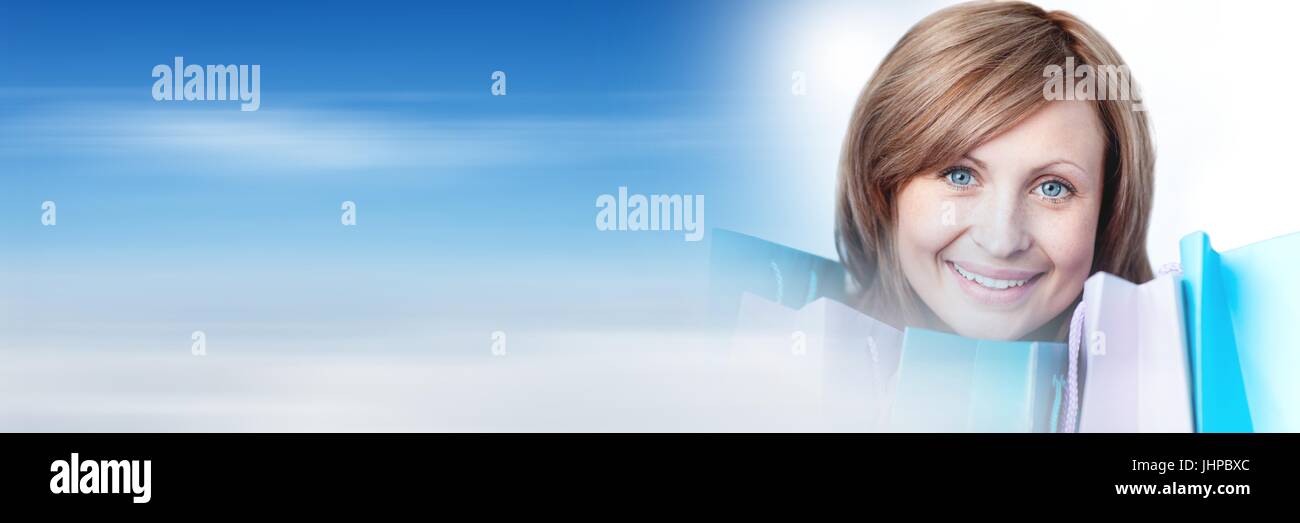 Digital composite of Woman Shopping with blue sky transition Stock ...