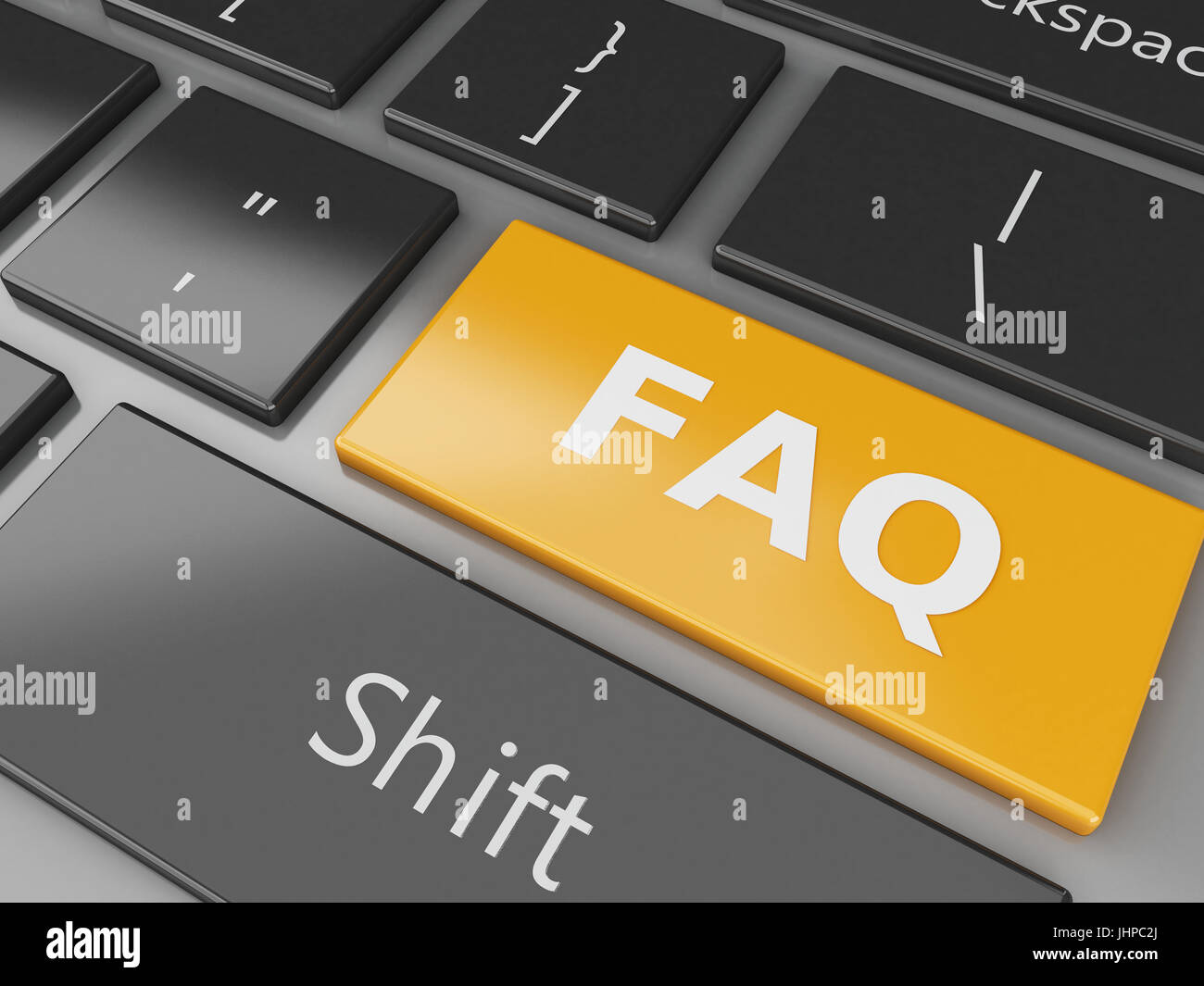 3d illustration. Close up view of keyboard FAQ button. Frequently Asked ...