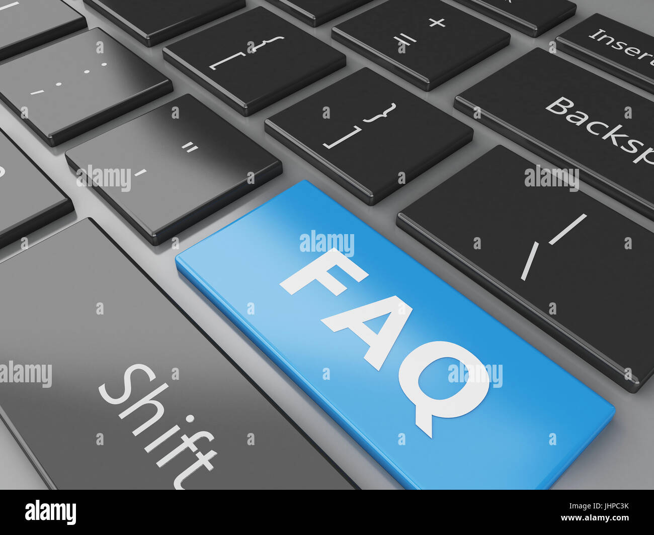 3d illustration. Close up view of keyboard FAQ button. Frequently Asked ...