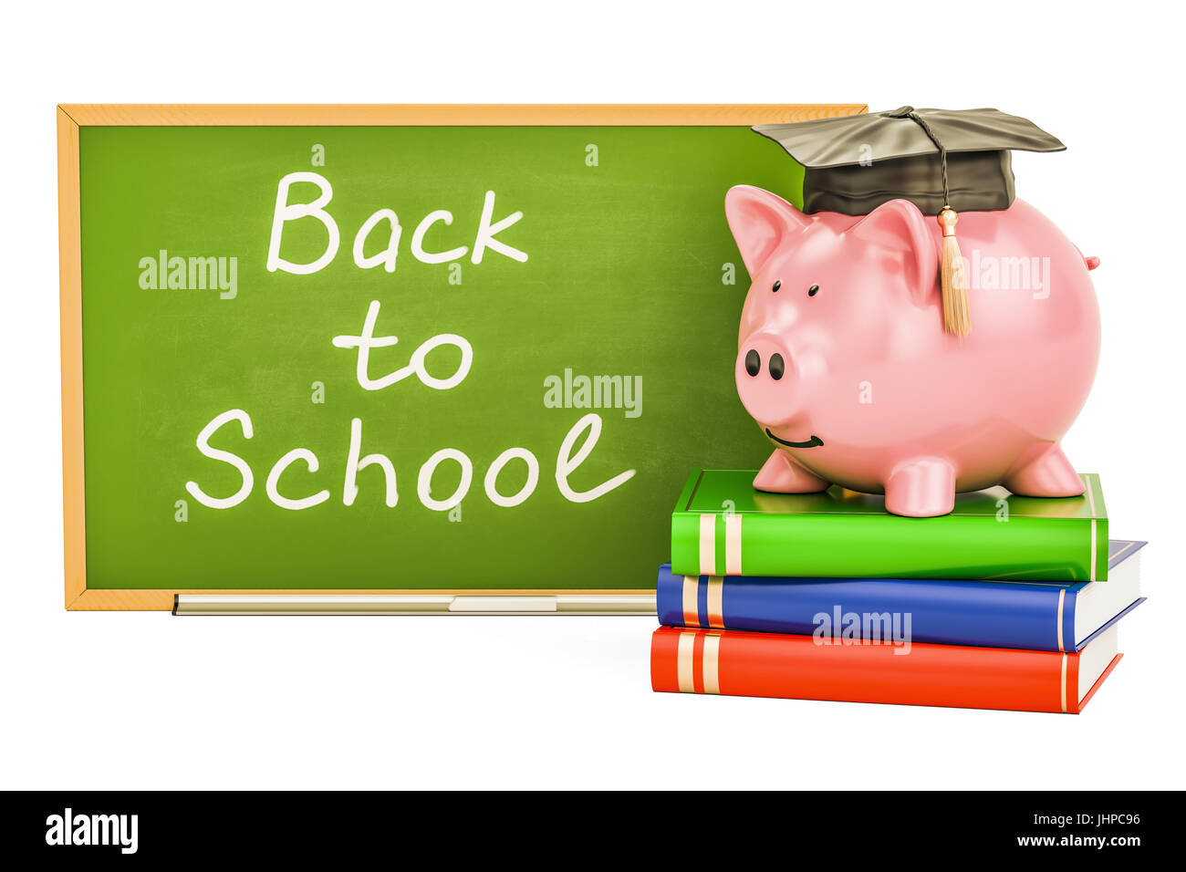 Back to school concept. Piggy bank with books and blackboard, 3D ...