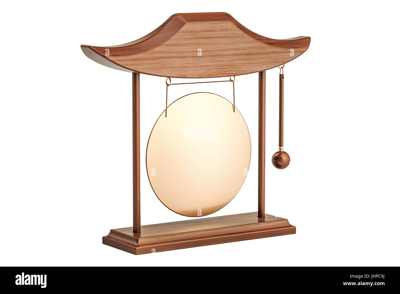 Golden gong hanging in a frame, 3D rendering isolated on black ...