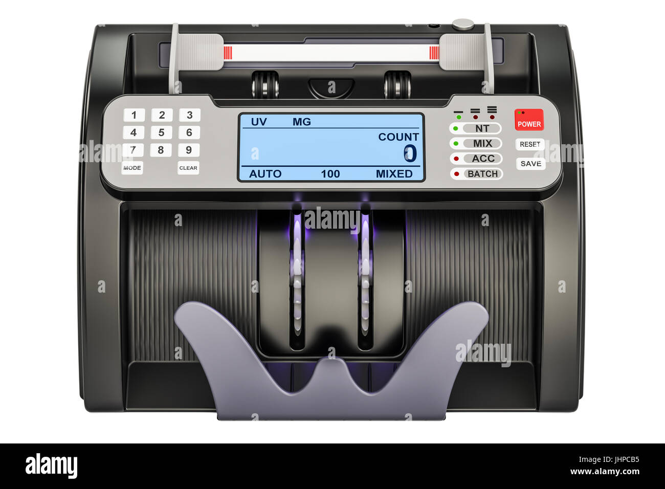 Money counting machine, currency counter closeup. 3D rendering Stock ...