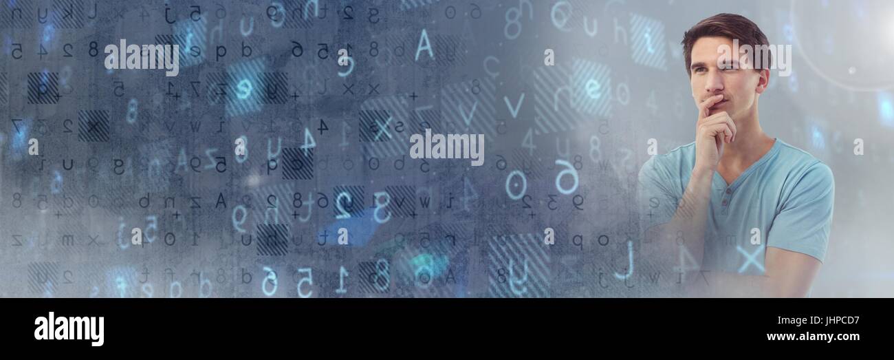 Digital composite of Thinking man with code letters and numbers ...