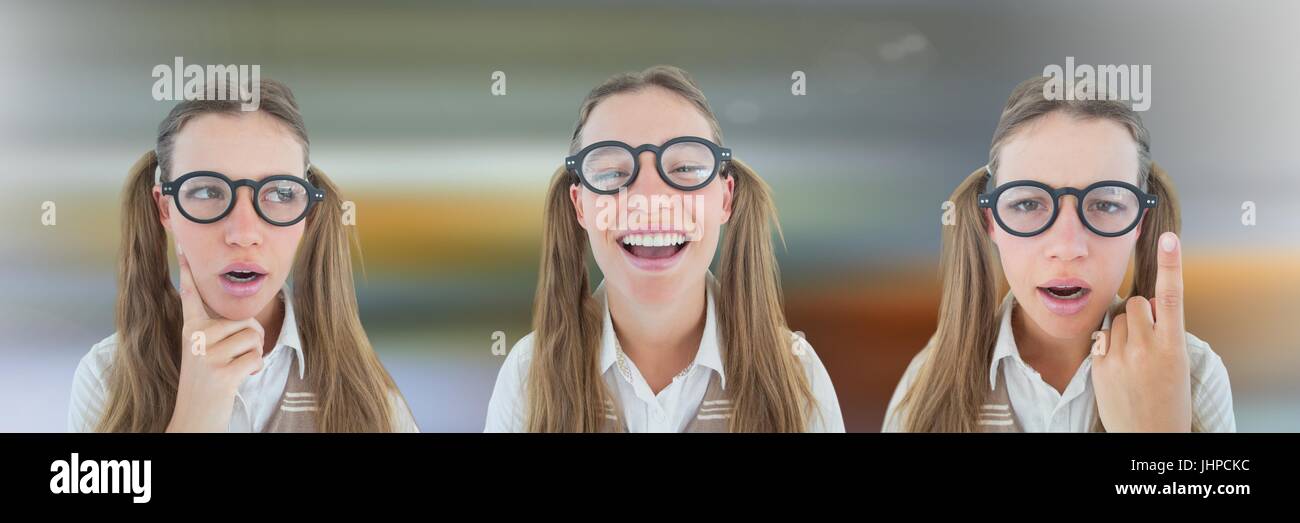 Digital composite of Nerd woman collage against blurred background ...