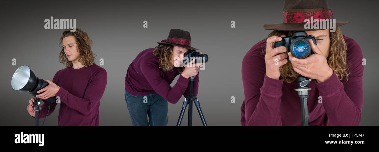 Digital composite of Photographer using the camera collage against grey ...