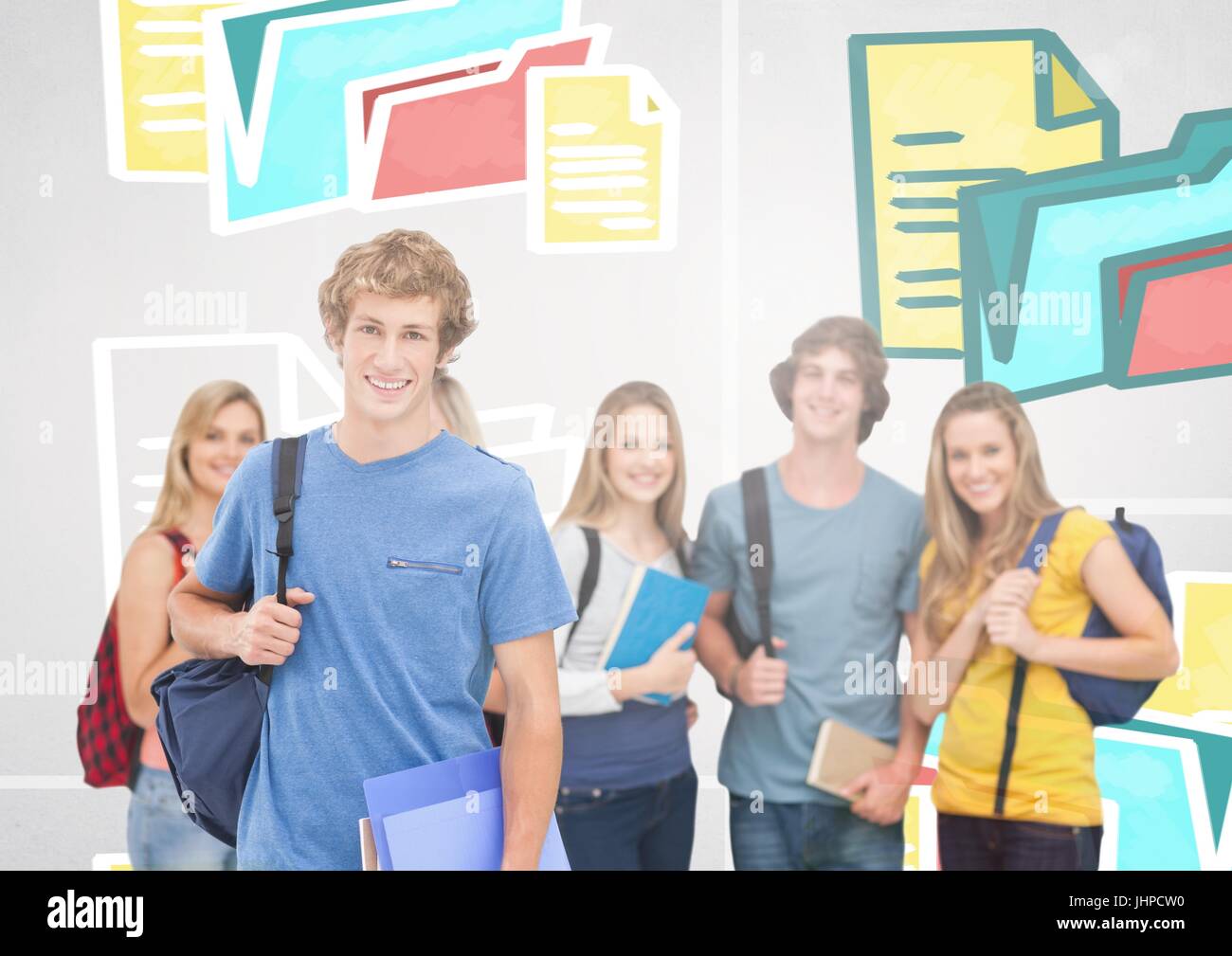 Digital composite of Group of students standing in front of colorful ...