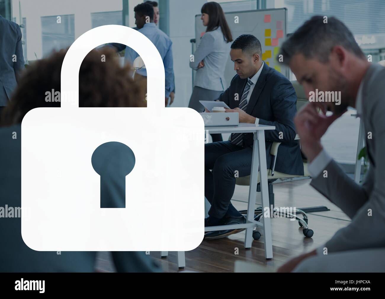 Digital composite of Lock icon against office background Stock Photo ...