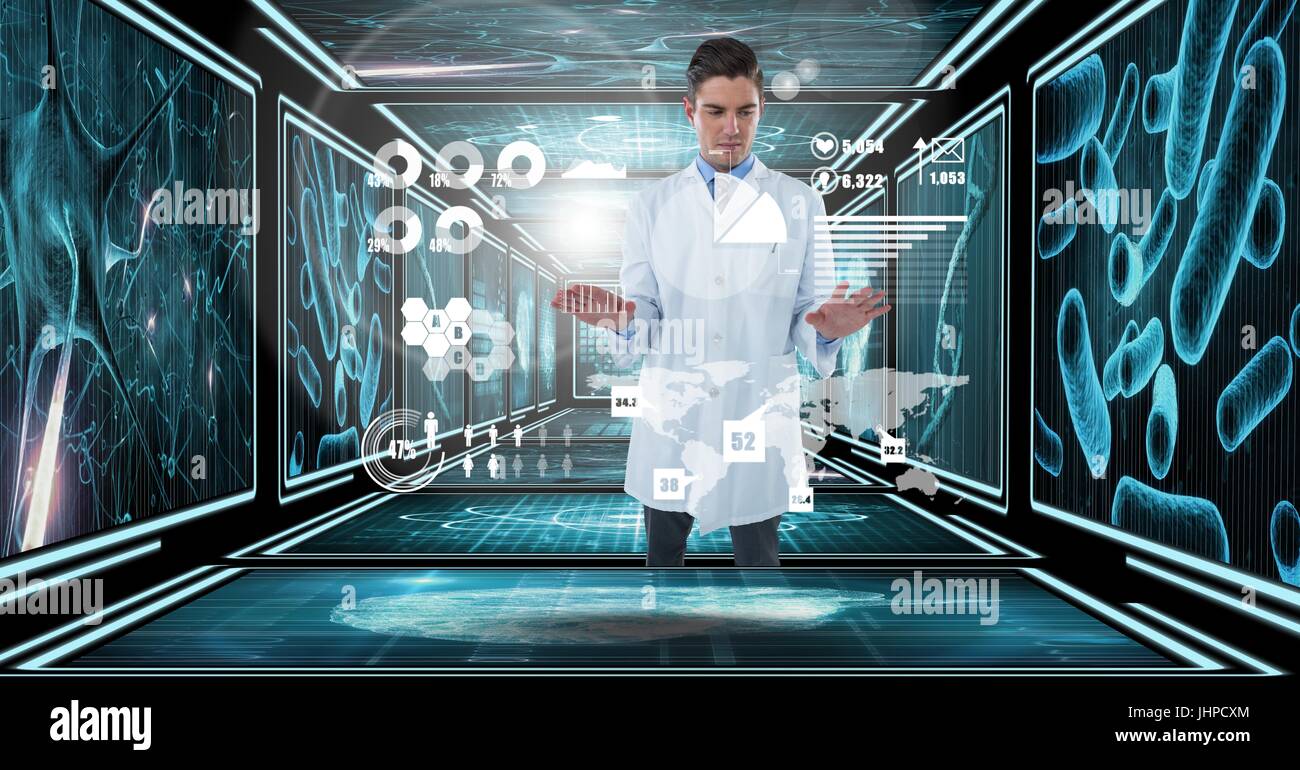 Digital composite of Doctor using interface in 3D corridor Stock Photo ...