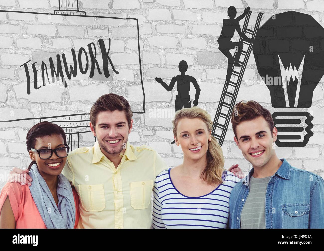 Digital composite of Group of people in front of teamwork graphics ...