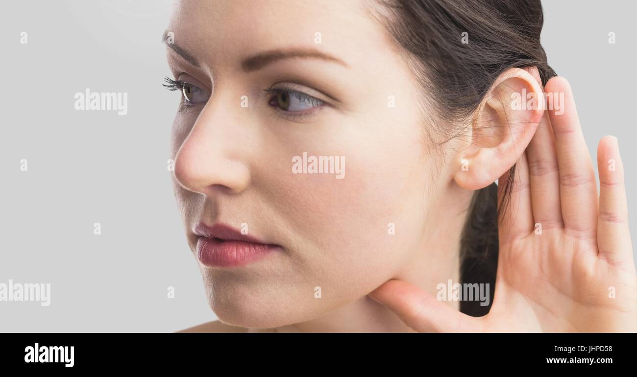 Digital composite of Portrait of woman listening with ear with grey ...