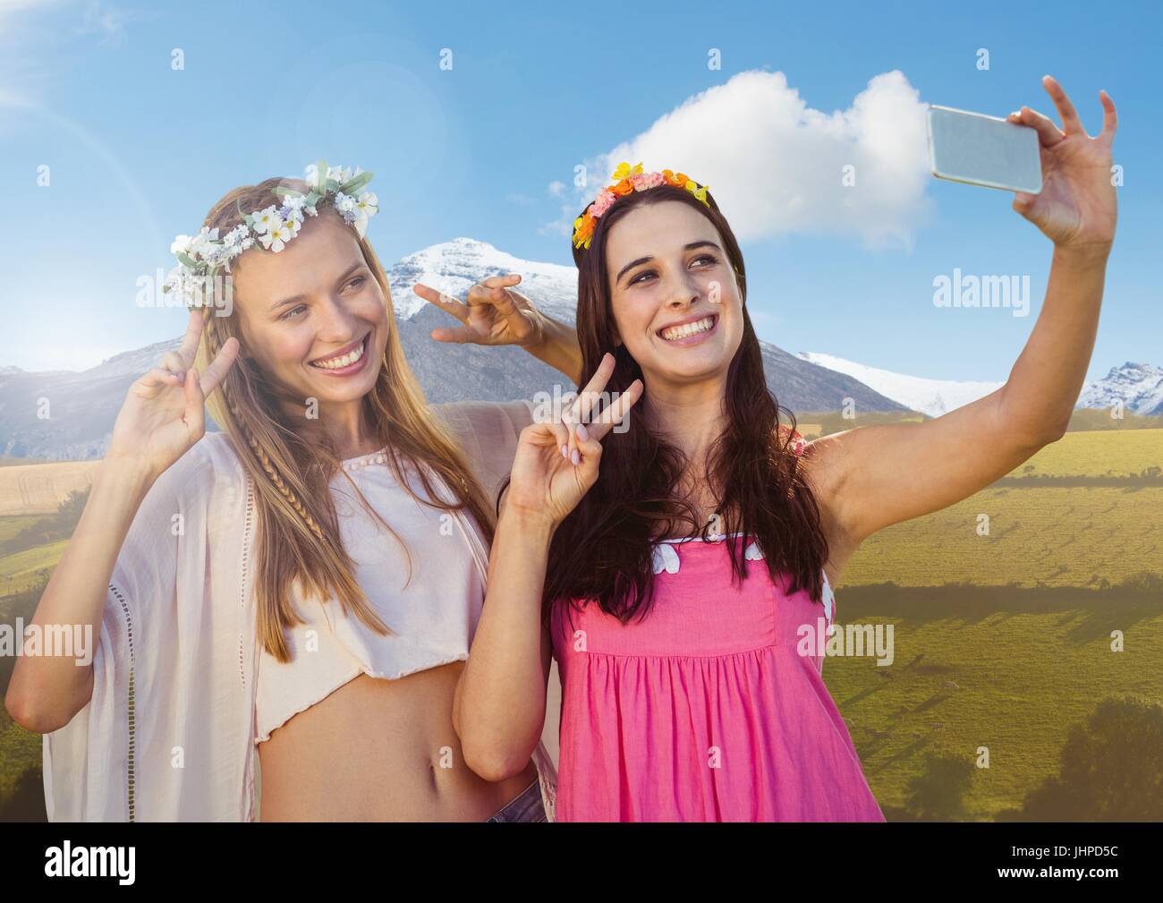 Digital composite of Women taking casual selfie photo in front of ...
